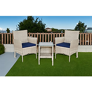 BTEXPERT Outdoor Wicker Conversation 3 Piece Bistro Set Garden Patio Yard Porch Furniture Space Saving Pe Rattan 2 Chairs Cushions Side Storage Glass Table Stone Gray/Navy Blue 3pc