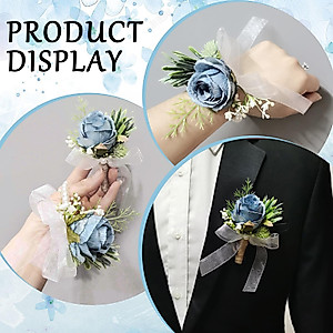 Footfox Blue Rose Corsage and Boutonniere Set with Bridal Hair Comb, Corsages for Wedding