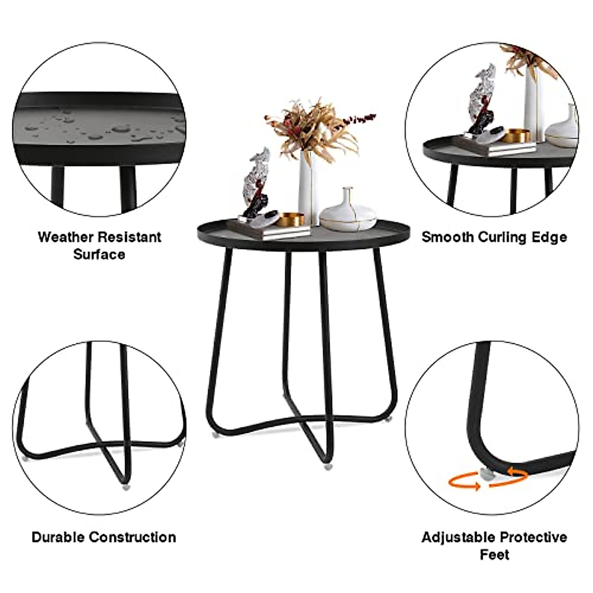 ECOMEX Patio Side Table, Round Outdoor Metal Side Table Small Sofa End Table, Patio Waterproof Accent Coffee Table for Living Room Bedroom Garden Balcony Patio(Black)