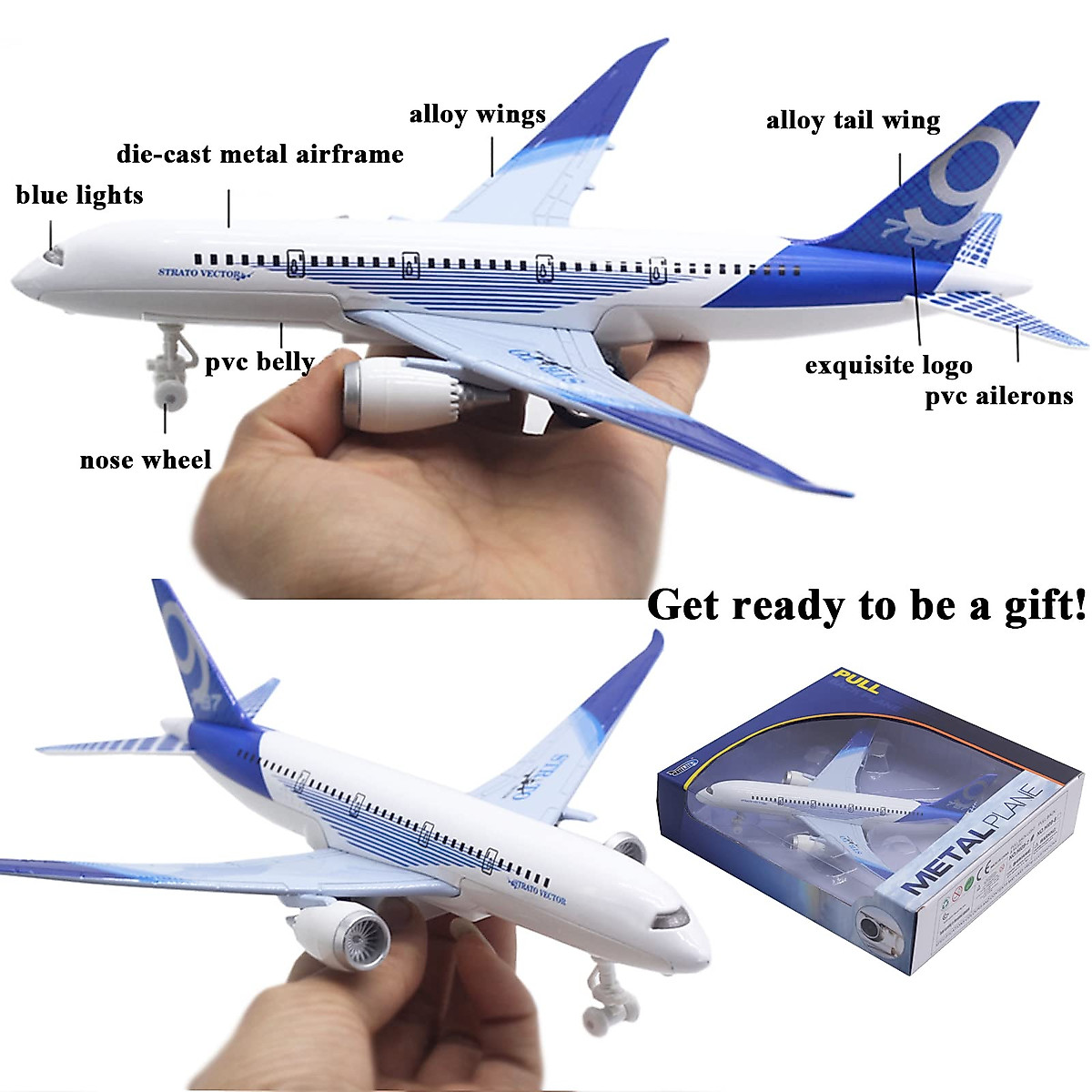 OTONOPI Airplane Toys Bump and Go Airlines Die Cast Metal Model Plane Toy with Lights and Sounds for Kids Blue