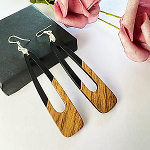 Fiklon Wood Earrings for Women, Wooden Earrings Dangle Brown Black Round Geometric Simple Lightweight Resin Drop Statement Earrings (A-Long Dangle-Black)