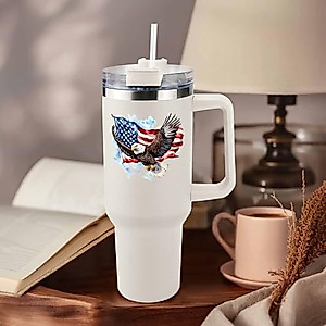 LB LEOBON 40 ounce insulated cup with handle, double-layer vacuum stainless steel material, equipped with straw, can keep warm or maintain cold drinks Eagle American Flag white