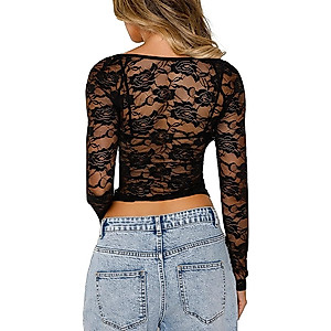 Women's Going Out Tops Y2k Sheer See Through Shirt Fairy Lace Patchwork Long Sleeve Crop Top Grunge Streetwear