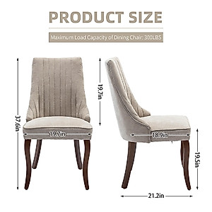 MZDOO Dining Chairs Set of 4，Linen Channel Tufted Kitchen Dining Room Chair with Curved Solid Wood Legs, Comfortable Fabric Upholstered Dining Chair for Dining Room, (Rustic Beige, 4pc)