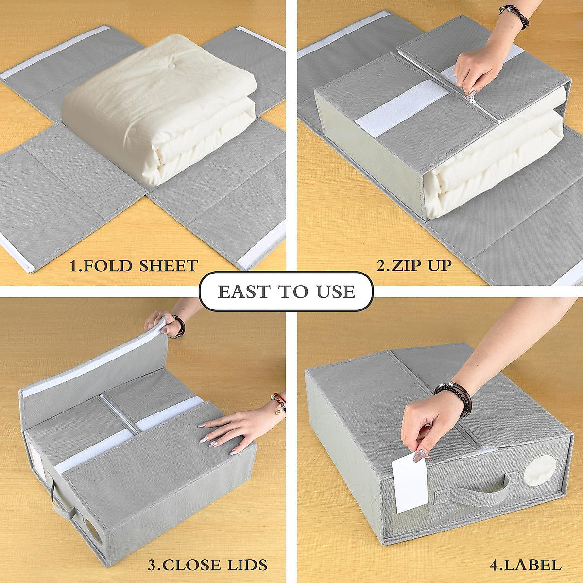 Aucoofany Bed Sheet Organizers 2/4-Pack Set, Foldable Sheet Organizer for Linen Closet, Sheets Set Folder Keeper with Window, Organizing Bedding Clothes Blanket Towels Container (Gray, 4 Pack)