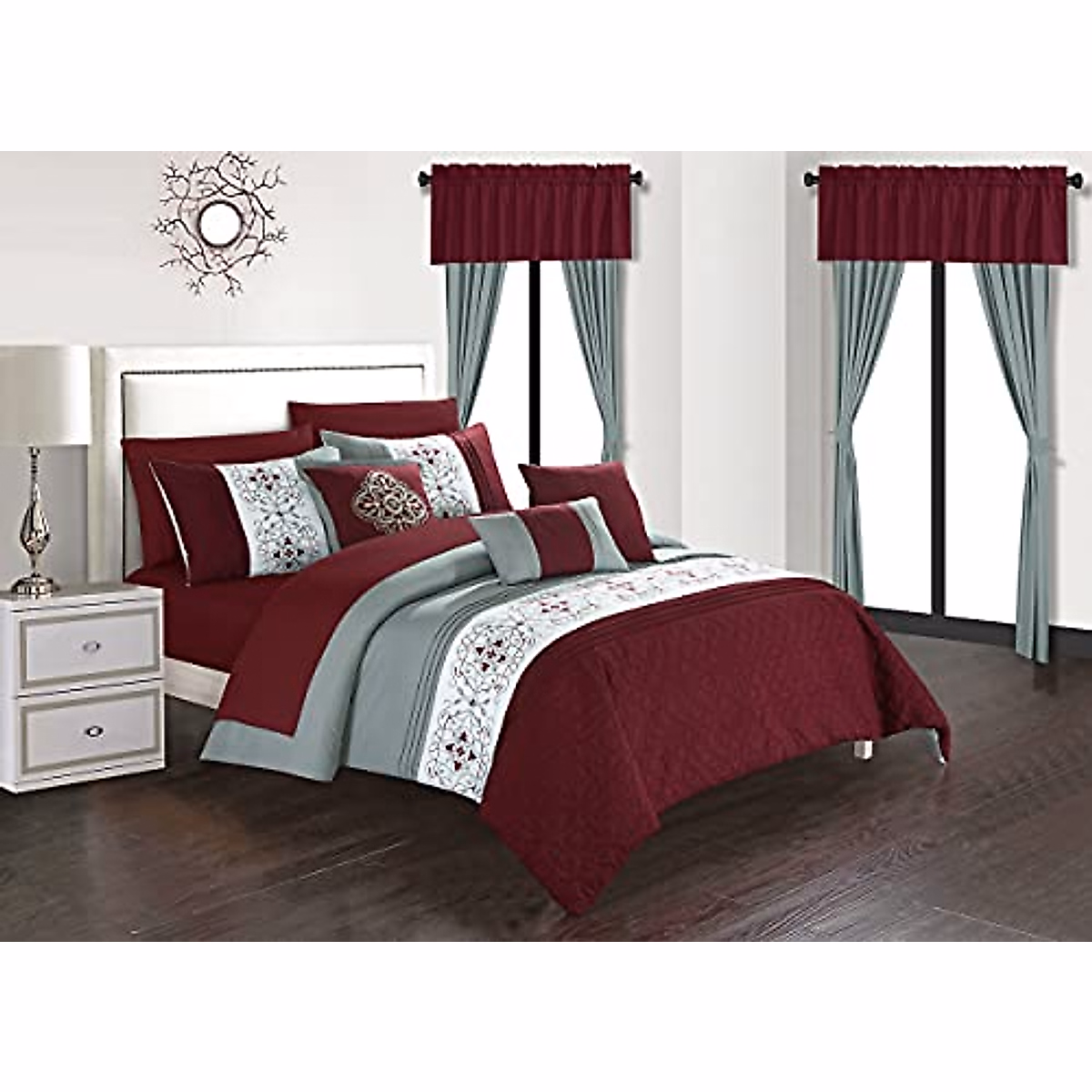 Chic Home BCS06738-AN Emily 20 Piece Comforter Set Color Block Floral Embroidered Bag Bedding, King, Burgundy