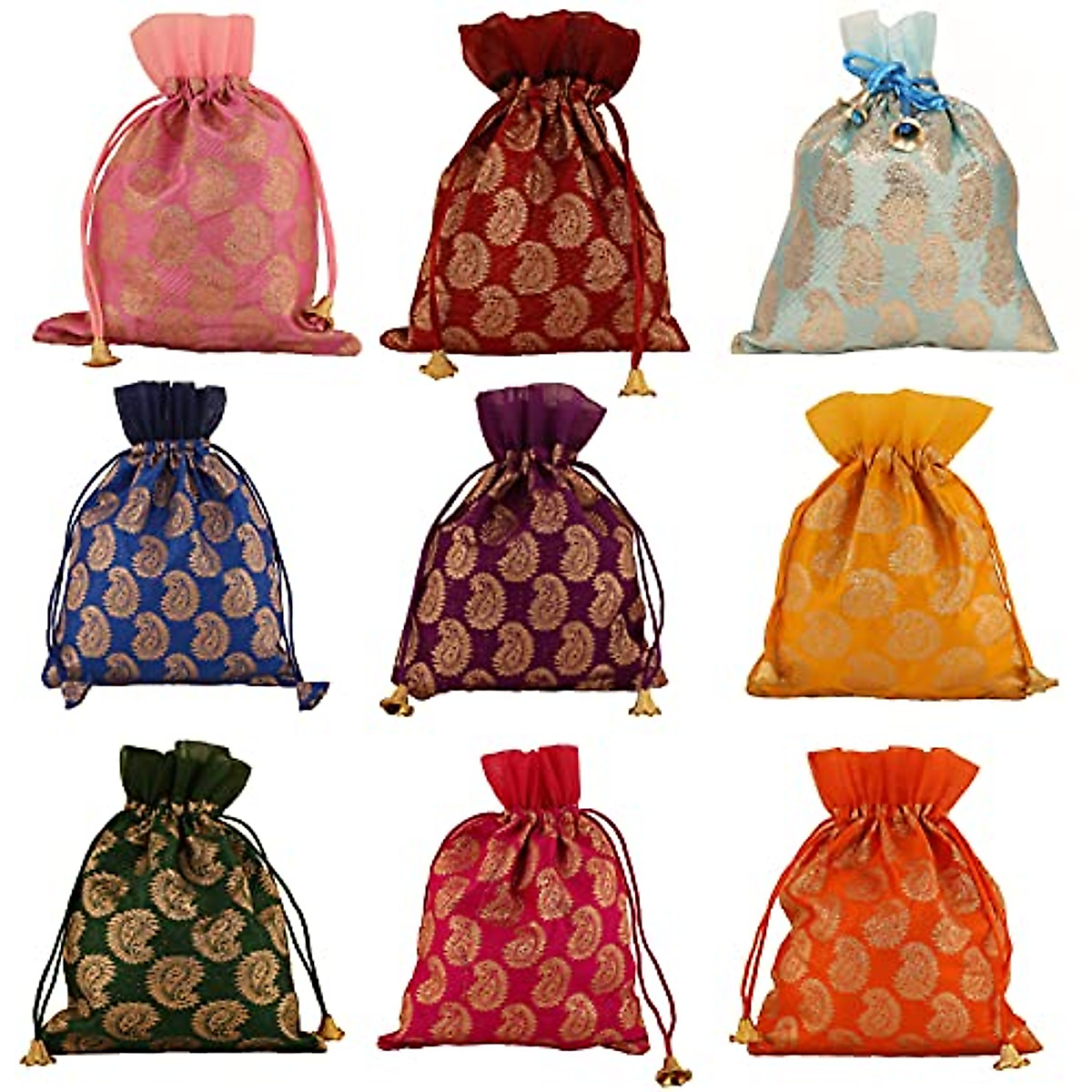 Touchstone Drawstring Bags Traditional Indian Handcrafted in Paisley Pattern Brocade fabric. Perfect for Gifts Jewelry Weddings Sweet Distribution Set of 9 Vibrant Multicolor Pouches Purses Potli.