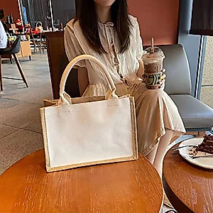 Jute Beach Tote Bags,MEIANJUN Set of 6 Burlap Tote Bags with Button Travel with Handle Grocery Bag Bridesmaid Bags Tote Bag for Beach wedding Shopping travel Arts and Crafts DIY 14.5*10.7*6.5[6pcs]