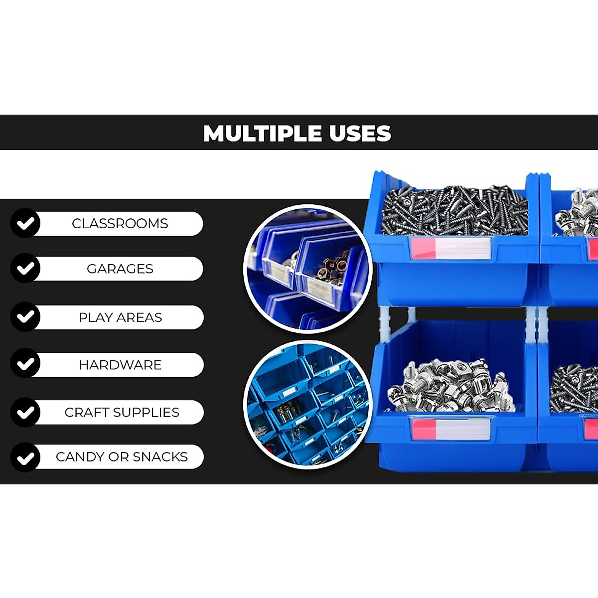 DJC Supply Heavy duty thermoplastic storage bin organizer, Stackable, Hangable, Side-connect (BLUE (8 PACK), SMALL 3.9" X 6.3" X 2.9")