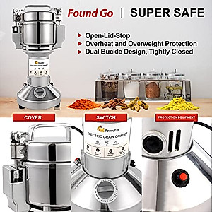 FoundGo Electric Grain Mill 10.6oz/300g Commercial Grain Grinder Stainless Steel Powder Grinding Machine 25,000rpm Pulverizer for Spice/Coffee/Flour/Pepper/Herb Superfine (300g, Standing)