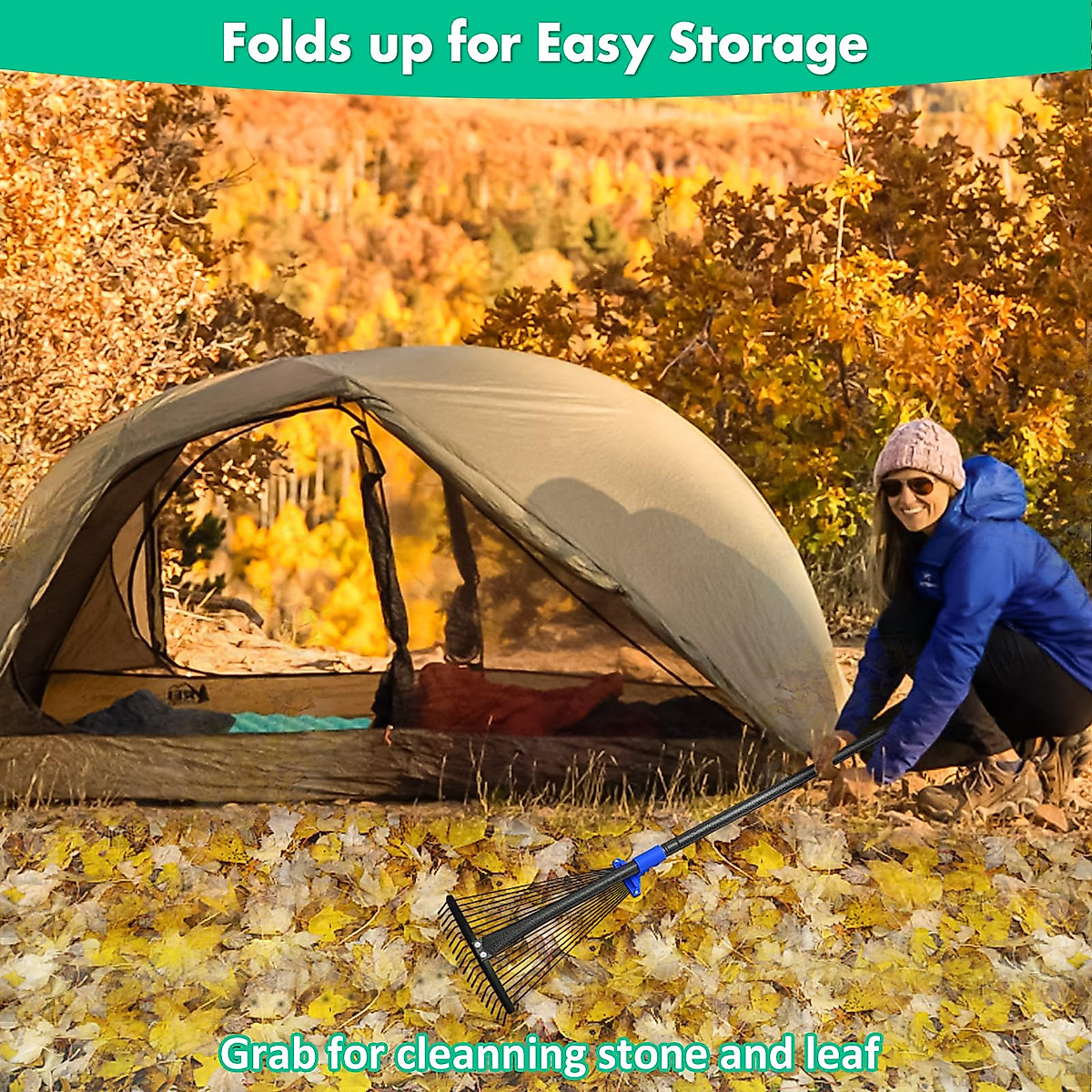 Garden Leaf Rake with Expandable Head from 9.5 inch to 17 inch, Collapsible Lawn Rake with Adjustable 53 Inch Splicing Handle, Heavy Duty Metal Rake for Lawn Yard, Flowers Beds and Roof