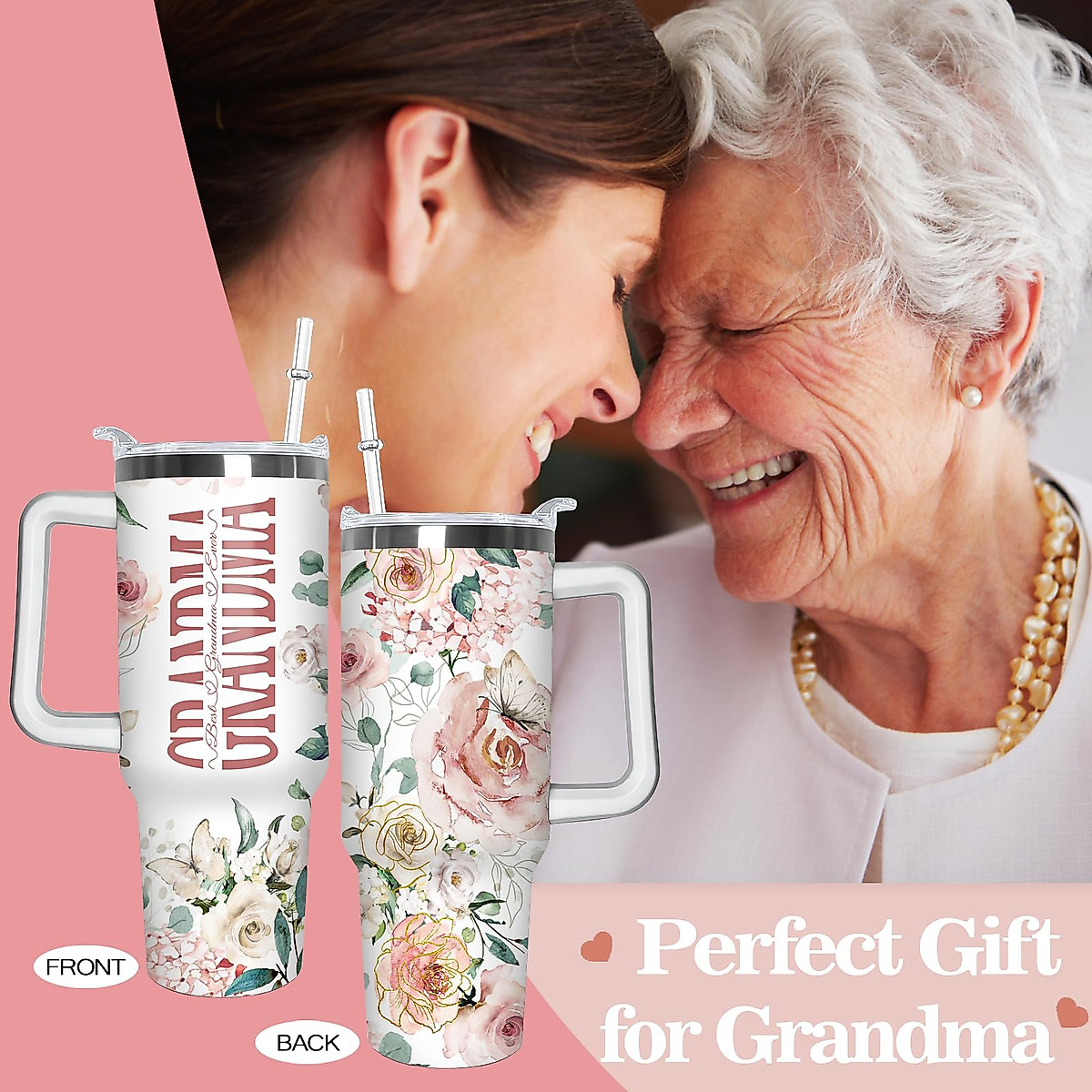 qoepfnsh Gifts for Grandma Grandmother Gift from Grandson Granddaughter on Birthday Mothers Day&Christmas 40 oz Tumblers with Handle and Straw Stainless Steel Insulated Travel Coffee Cup Mug