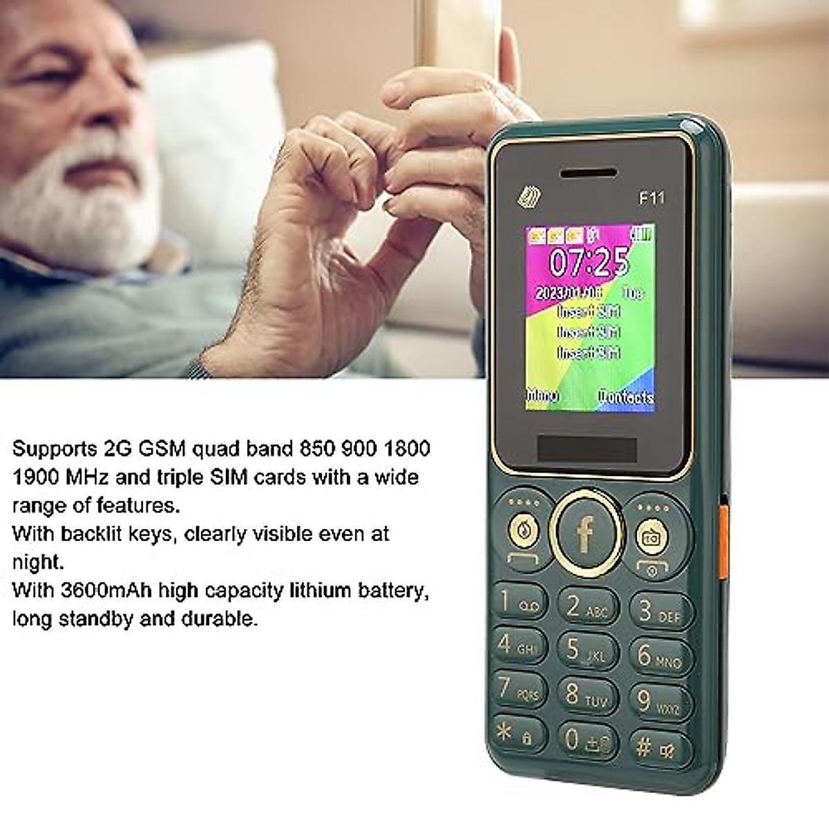 Yunseity Seniors Button Cell Phone, F11 2G GSM Unlocked Mobile Phone with SOS Button & Loud Speakers, 3600Mah Ultra Long Standby Easy to Use Cellphone with Flashlight, One Key Dialing (US