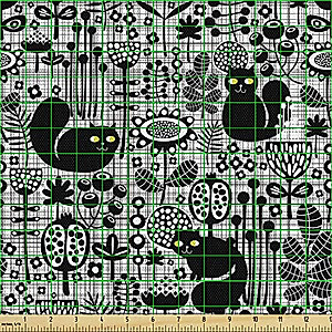 Lunarable Cat Fabric by The Yard, Feline Domestic Animals with Blossoming Monochrome Flowers and Leaves Kitten, Decorative Fabric for Upholstery and Home Accents, 1 Yard, White Black