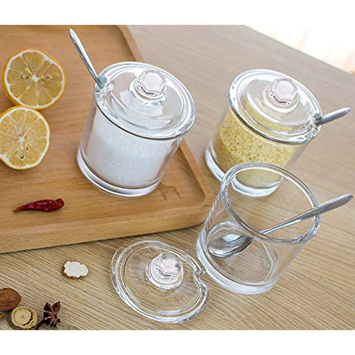 123Arts Glass Sugar Bowl Spice Jar with Lid and Stainless Steel Spoon Spoon