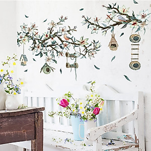 Birds on Magnolia Tree Branches Wall Stickers, ULENDIS DIY Removable White Blossom Flower Wall Decals, Birdcage Murals Wall Decor for Home Bedroom Living Room Corridor Stair