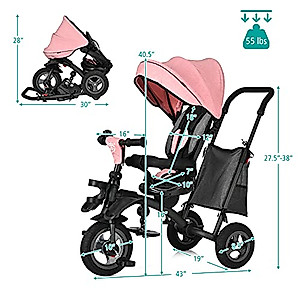 BABY JOY Toddler Tricycle, 7 in 1 Folding Steer Trike w/Rotatable Seat, Adjustable Canopy, Push Handle, Guardrail, Safety Harness, Brakes, Cup Holder & Storage, Tricycle for Toddlers Ages 1.5-5 (Pink)