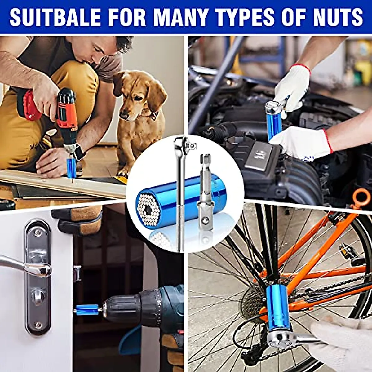 Universal Socket, Super Socket Set Self-adjusting with Power Drill Adapter and Drive Ratchet Wrench Handle, 1/4'' - 3/4'' (7-19mm) 3 Pack Grip Gadgets Cool Tool Gift for Men Dad Husband DIY Stuff,Blue