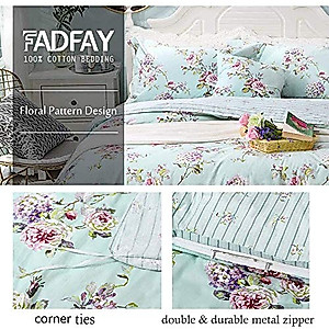 FADFAY Floral Duvet Cover Queen 100% Cotton Blue Green Farmhouse Bedding Super Soft Reversible Striped French Country Bed Cover Purple Hydrangea and Peony Print Zipper Comforter Cover 3 Pieces