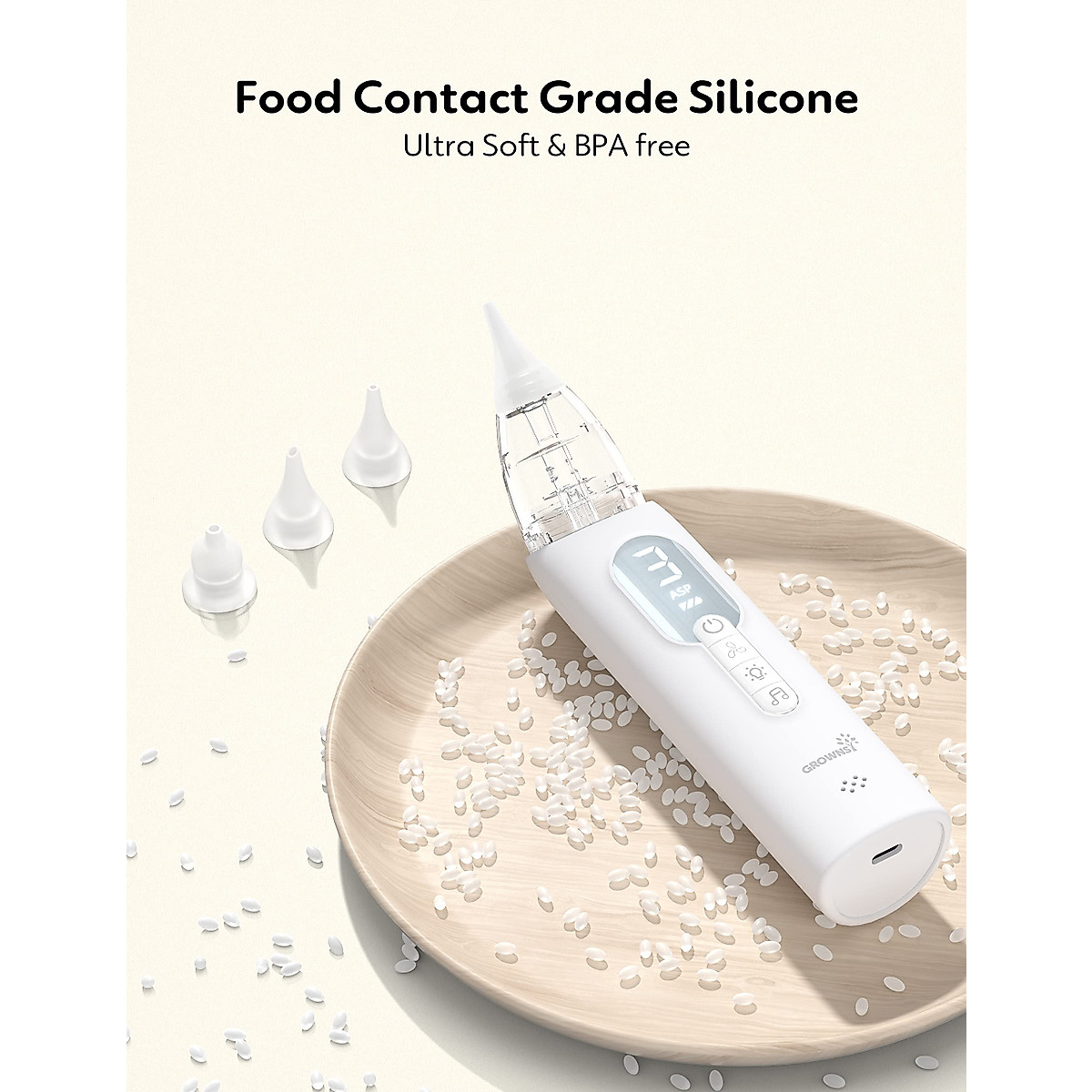 GROWNSY Upgrade Nasal Aspirator for Baby, Rechargeable Baby Nose Sucker, Electric Nose Suction for Baby with Advanced Soothing Music and Light Design, Food-Grade Silicone Tips, 3 Suction Modes