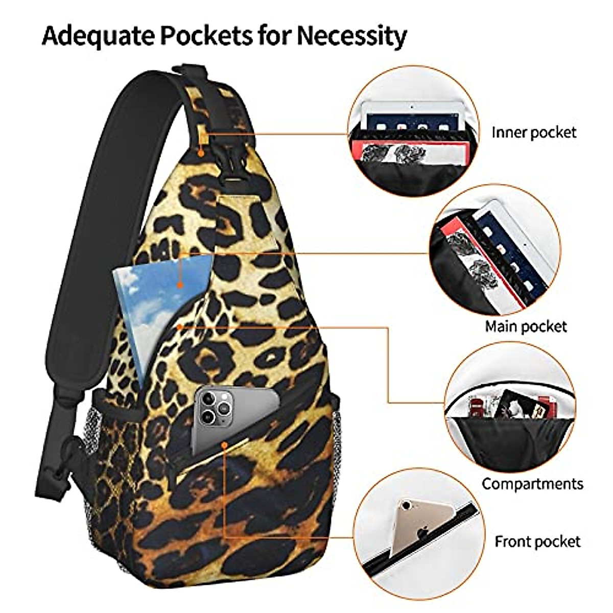 BLUBLU Large Capacity Sling Bag, Adjustable and Reversible Shoulder Strap Backpack Travel Crossbody Daypack - Leopard Print