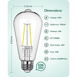 EDISHINE 6 Pack Dusk to Dawn Edison Light Bulbs Outdoor, 700LM 5000K Daylight LED Edison with 240° Beam Angle & E26 Base, 8W Equivalent 60W, Vintage Styled ST64 LED Filament Bulb, UL Listed