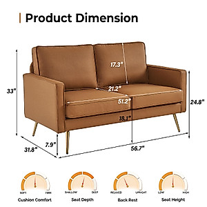 VINGLI 56" Modern PU Leather Loveseat,Small Sofa Couch Deep Seat for Living Room,2-Seater Loveseat Sofa for Bedroom,Apartment,Office,Dorm,Small Space,Cognac