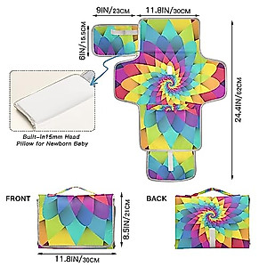 Bright Rainbow Spiral Psychedelic Portable Baby Changing Pad Diaper Changing Table Pad Foldable Waterproof Travel Changing Station with Built-in Pillow for Unisex Baby Newborn Gift