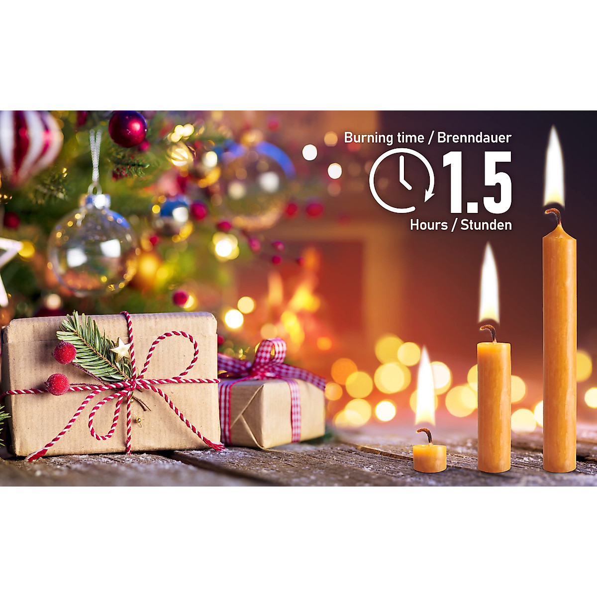 Eika Premium 10% Beeswax Tree Candles - Pack of 20 Honey Colored Natural Christmas Wax Candles for Pyramids, Carousels & Chimes - Made in Europe