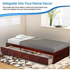 Hooseng Twin Size Platform Storage Bed with 3 Drawers,No Box Spring Needed, Brown Cherry