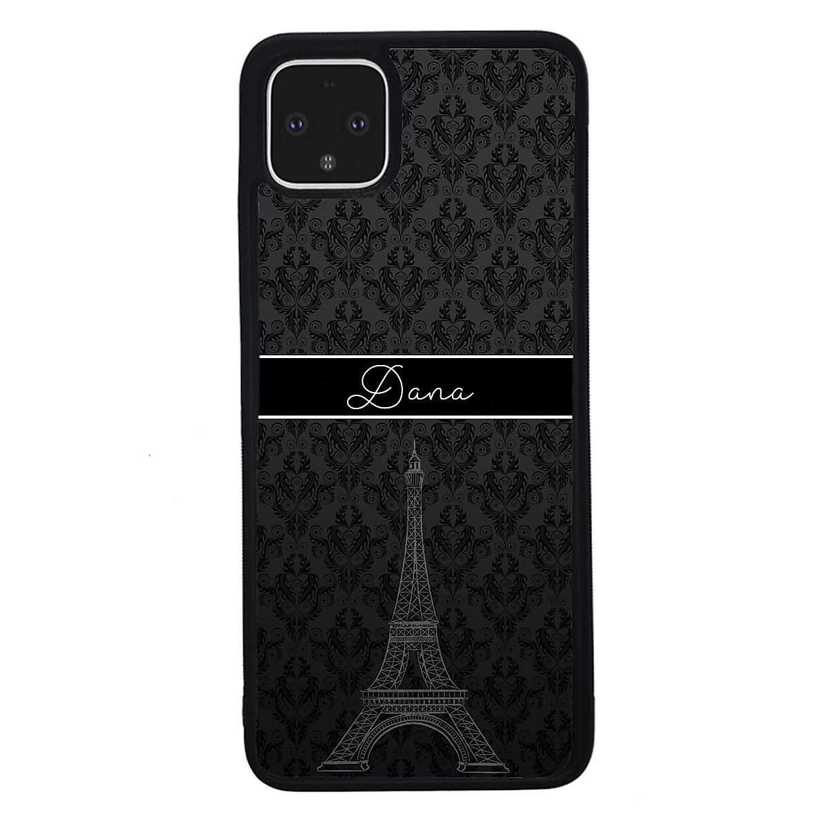 Paris Eiffel Tower Personalized Black Rubber Phone Case Compatible With Google Pixel 8 Pro, 8a, 8, 7a, 7, Pixel 7 Pro, 6a, Pixel 6 Pro, 6, 5, 4a 5G, 4a 4G, 4, 4 XL, 3a, 3a XL, 3, 3 XL, 2