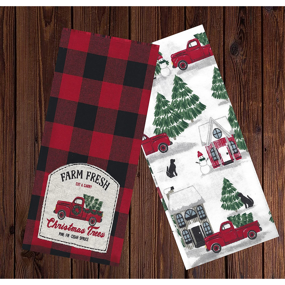 St. Nicholas Square Kitchen Hand Towels, Set of 2, Farm Fresh Christmas Trees Appliqued Embroidery Red Truck, Red and Black Buffalo Plaid Flat Cotton Dishtowels for Home Decorating