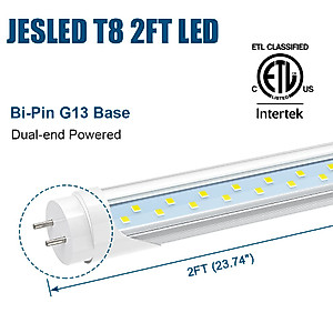 JESLED 2FT T8 LED Type A+B Tube Light, 12W(30W Equivalent), 1680LM, 6000K, Plug and Play or Ballast Bypass, 24 Inch F20T12 Fluorescent Bulb Replacement, Dual Ended, 24” Lighting Tube Fixture (4-Pack)