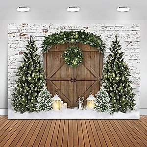 Mocsicka Christmas Wood House Photography Backdrop Xmas Tree Snow Wreath Photo Background Rustic Barn Door Family Kids Holiday Portrait Photo Booth Props (10x8ft)