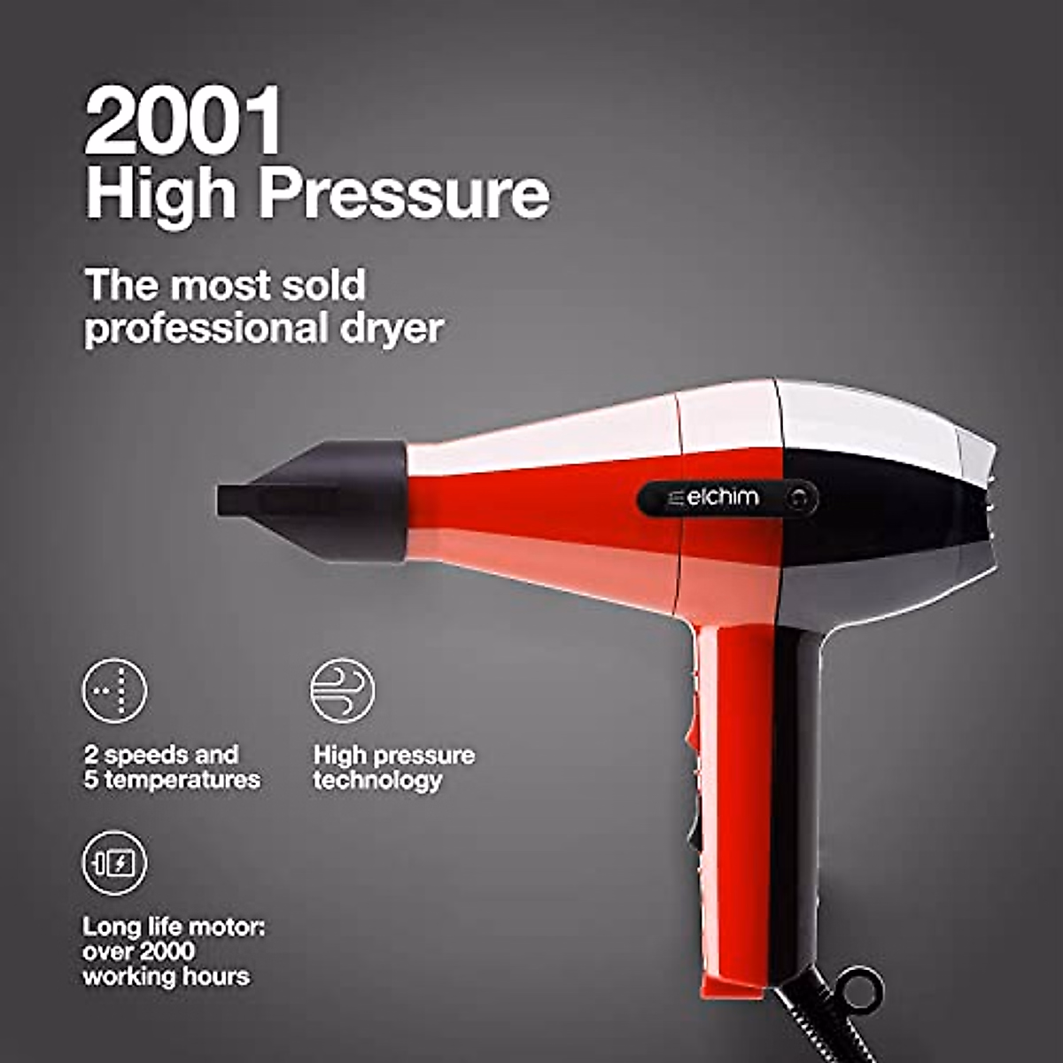 ELCHIM 2001 High Pressure Professional Hair Dryer - Red/Black , 1 Count (Pack of 1)