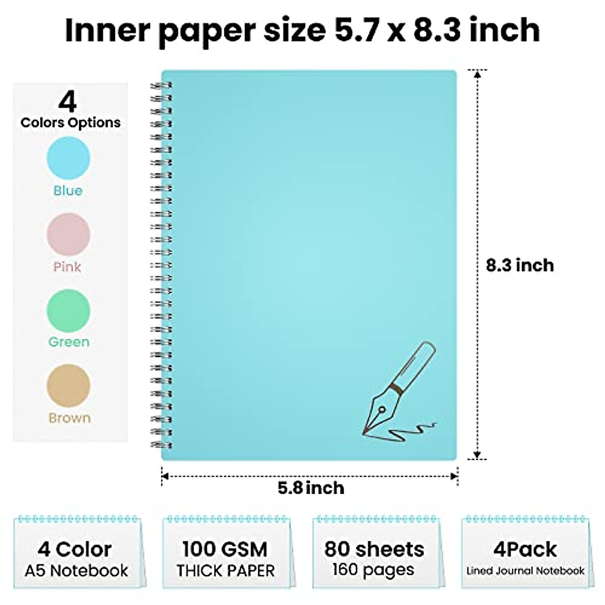 SOILHQ 4 Pack Spiral Notebook - A5 Lined Journal Notebook 7mm College Ruled Paper 5.7 x 8.3 inches Notebooks for School 80 Sheets/160 Pages,Journals for Work,Study and Notes