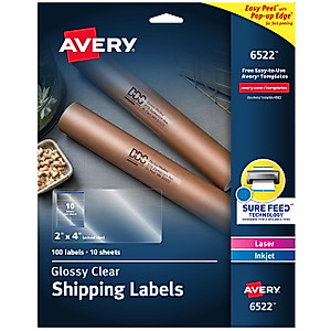 Avery Printable Shipping Labels with Sure Feed, 2" x 4", Glossy Crystal Clear, 100 Blank Mailing Labels (6522)