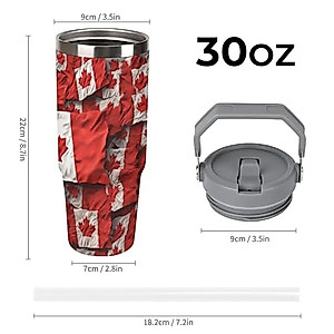 Canadian Flag Tumbler 30oz Large Capacity Car Cup with Handle Fit in Any Car Cup Holder Stainless Steel Leakproof Insulated Coffee Tumblers with Lid And Straw
