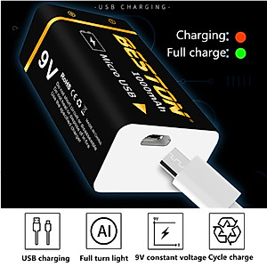 Molo 9V Rechargeable Battery 1000 mah,USB Rechargeable Lithium Batteries - Long Lasting LI-ion Batteries,No Memory Effect-with Micro Charging Cable,Ideal for Any Devices Need 9V Batteries 48x26x17mm