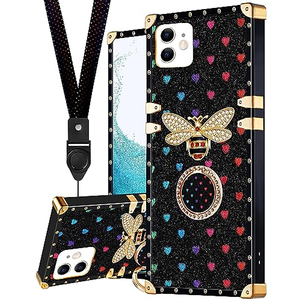 Loheckle for iPhone 11 Case for Women, Designer Square Cases for iPhone 11 with Ring Stand Holder and Lanyard, Cute Design Luxury Bees Squared Edges Cover for iPhone 11 6.1 Inch