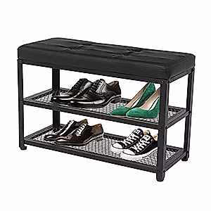 NA with Soft Cushion Stool Three-Layer Shoes Stool Frame 3-Layer Shoe Rack for Entrance PU Leather Metal Frame Suitable for Living Room Corridor 70 × 30 × 45cm Black