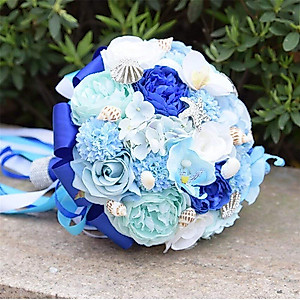 Wedding Bridal Bouquet Home Beach Seashell Wedding Bouquet Silk Roses Wedding Flowers Holding Tossing Flower Bride Rose Flowers Hydrangea Garden Bouquets Blue Beach Bouquet Starfish Bridal Bouquet