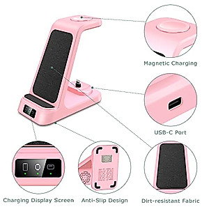 DDUAN Wireless Charging Station, 3 in 1 Fast Charging Stand, Wireless Charger for Apple Watch 8/7/6/5/4/3 & iPhone15/14/13/12/11/Pro/Max/X/XS/Max/XR/8, Air-pods/Pro(QC3.0 Adapter Included)-Pink