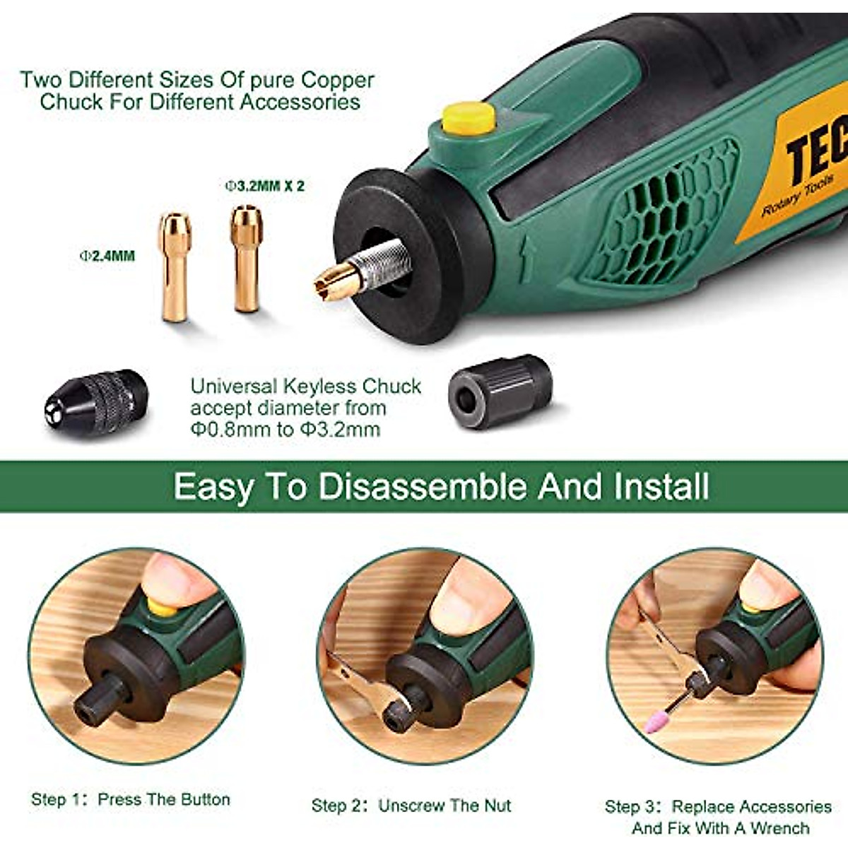 TECCPO Rotary Tool Kit 1.5 amp, 6 Variable Speed with Flex shaft, Universal Keyless Chuck, 84 Accessories, Cutting Guide, Auxiliary Handle and Carrying Case, Multi-functional for Crafting Projects