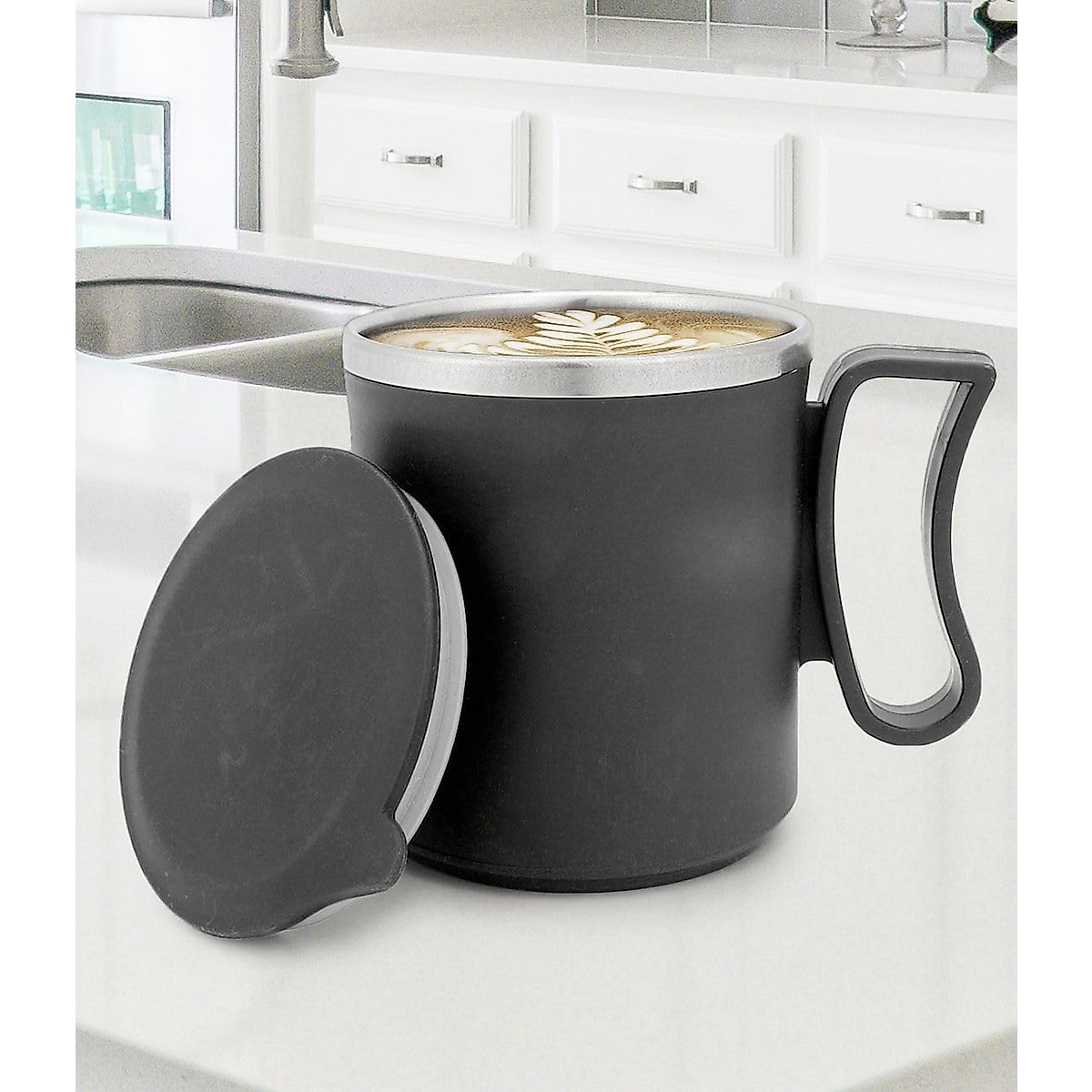 Dynore Stainless Steel Insulated 1 Pc Double Walled Plastic Covered Travel Tea/Coffee Mug with Lid- Black