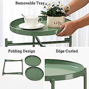 TeoKJ 2 Tier Green Side Table, Folding Round Metal End Table Small Nightstand Accent Table with Two Removable Tray for Bedroom Living Room Bedside Small Spaces Dark Green