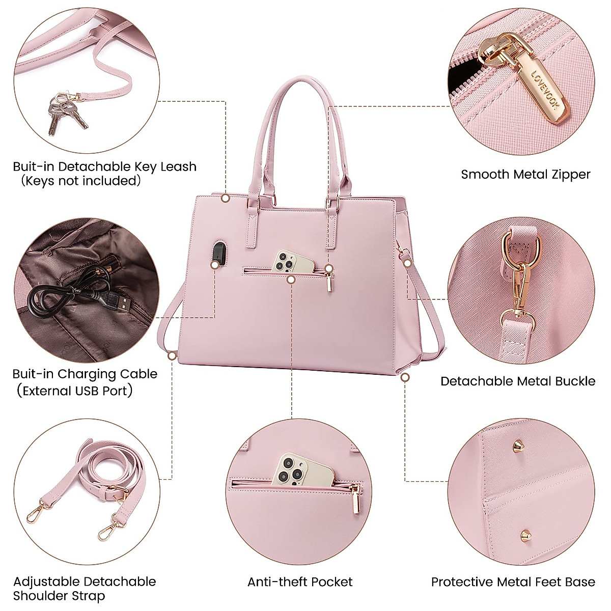 LOVEVOOK Laptop Bag for Women, Large Computer Tote Bag Handbag Shoulder Bag With Clutch Purse, Business Work Briefcase Travel Bag, 2 PCs 15.6-inch, Pink-White