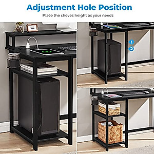 GreenForest Computer Desk with USB Charging Port and Power Outlet, Home Office Desk with Monitor Stand and Reversible Storage Shelves for Small Space, 47 inch Work Desk with Cup Holder and Hook, Black