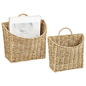 mDesign Woven Seagrass Hanging Wall Storage Basket for Flowers & Essentials, Decorative Boho Mounted Organizer for Pantry, Closet, Bathroom, and The Door - Set of 2 - Natural