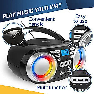 KLIM B3 Portable CD Player - New 2023 - FM Radio CD MP3 Bluetooth AUX USB RGB Lights - CD Boombox - Wired and Wireless Mode with Rechargeable Batteries - Upgraded CD Laser Lens - Digital EQ - Black